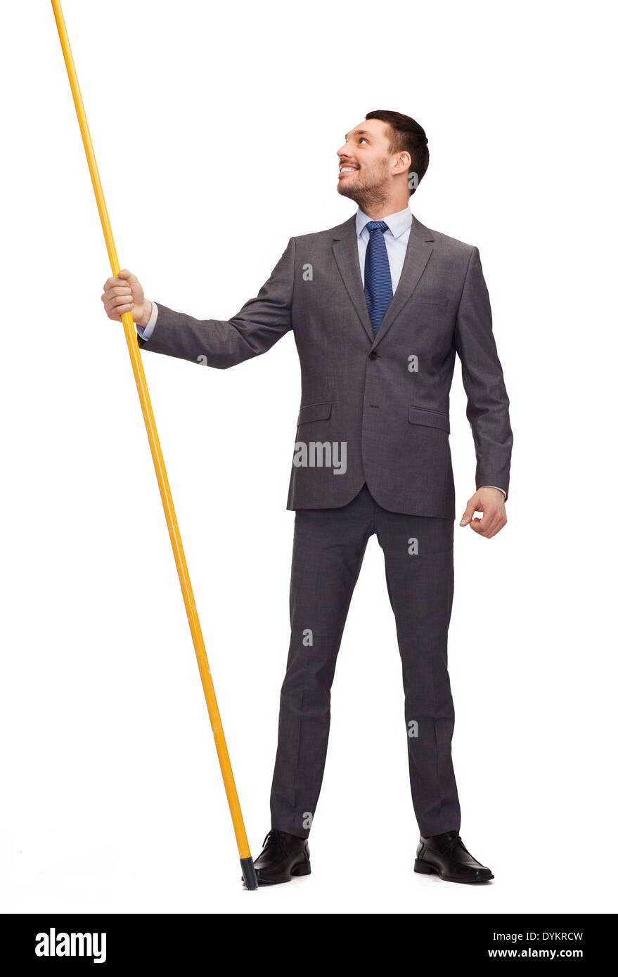 smiling man holding flagpole with imaginary flag Stock Photo - Alamy