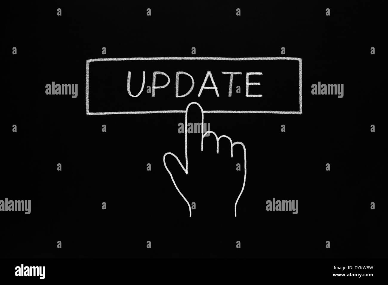 Hand cursor clicking Update button drawn with white chalk on blackboard ...