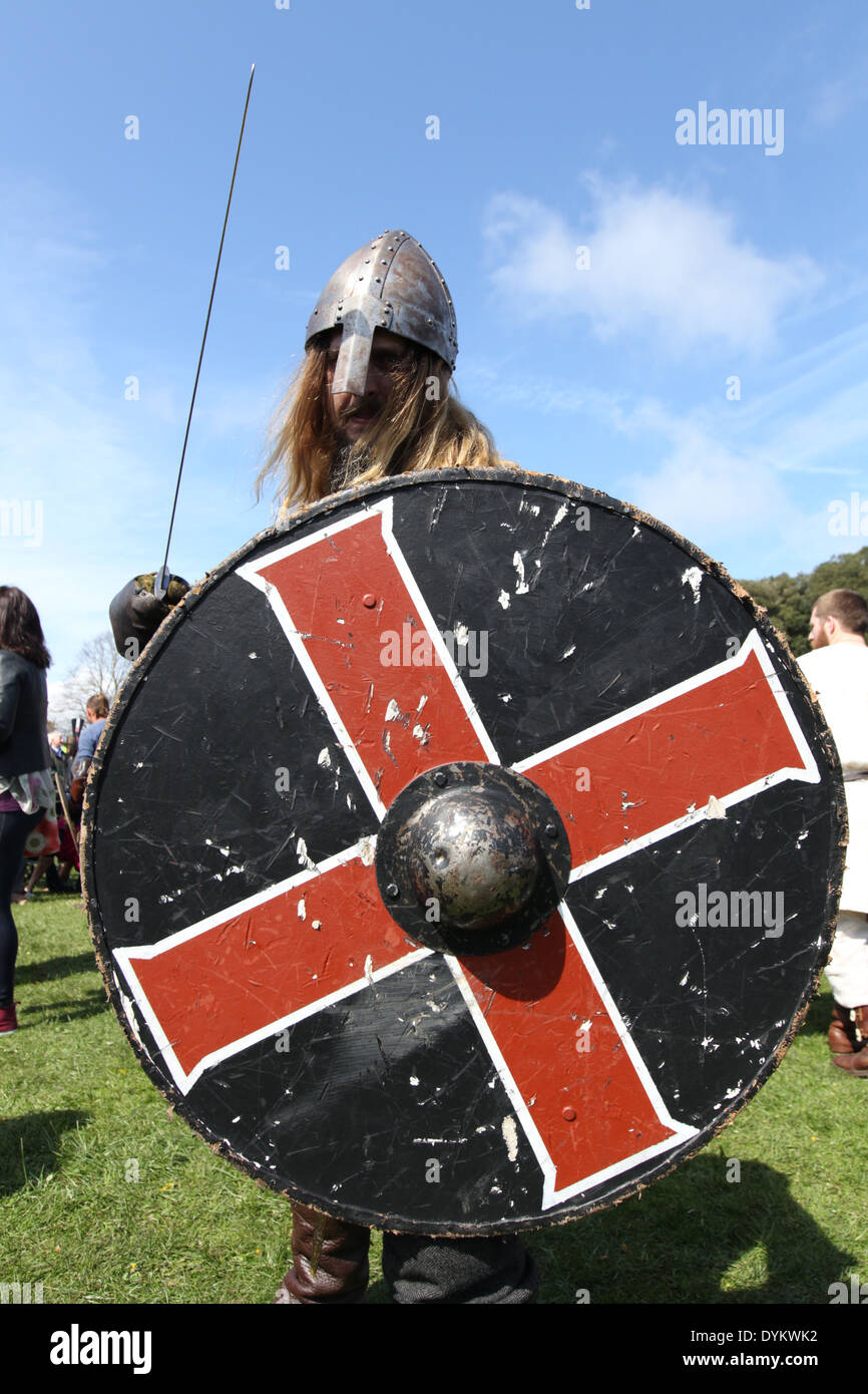 A costumed Viking warrior with shield during the battle re-enactment at ...