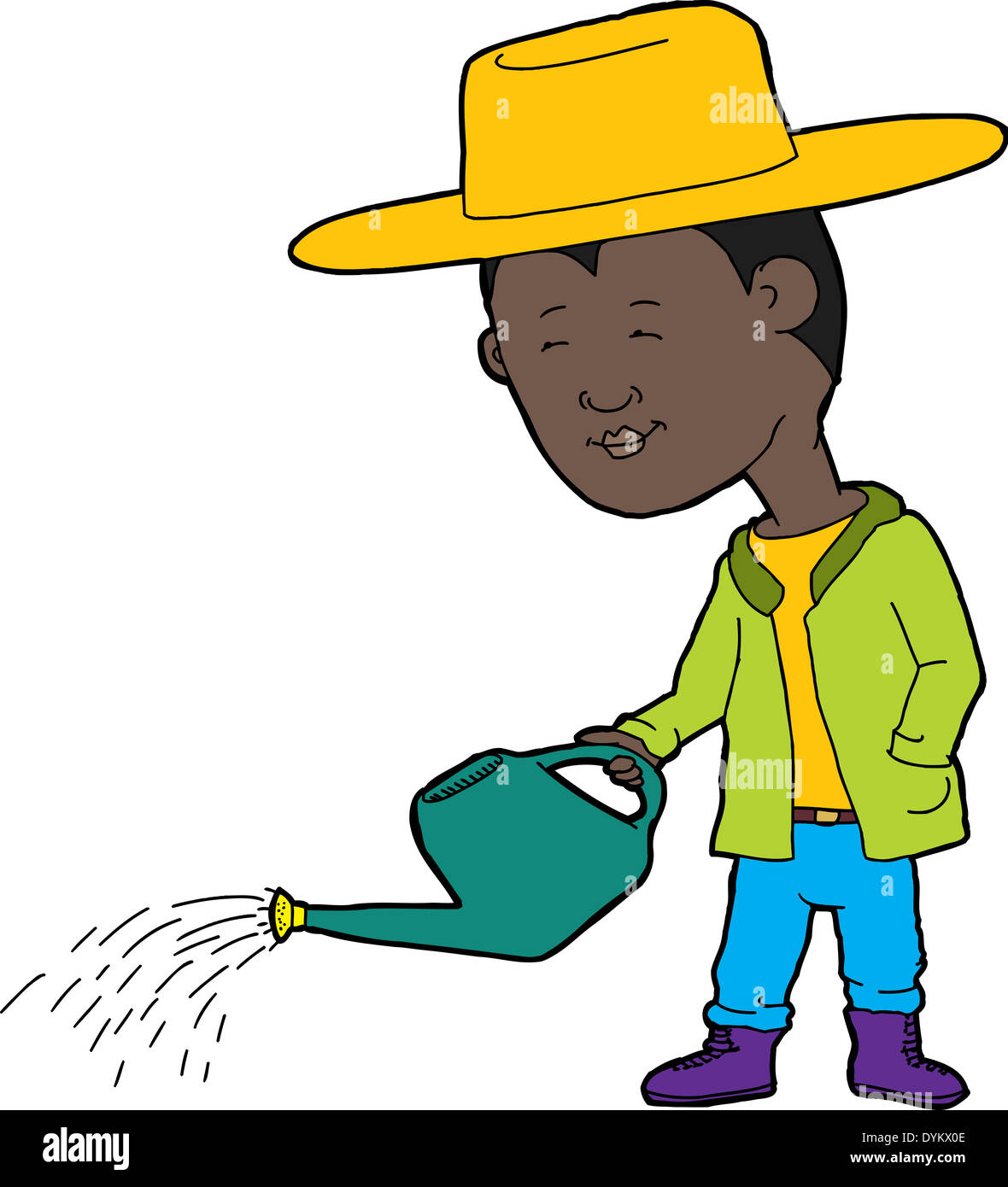 Cartoon of cute farmer and watering can with drops of water Stock Photo ...
