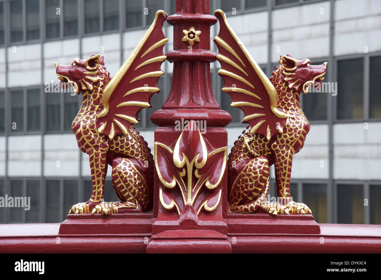 Ornate red gryphons, with details picked out in gold leaf, adorn the ...