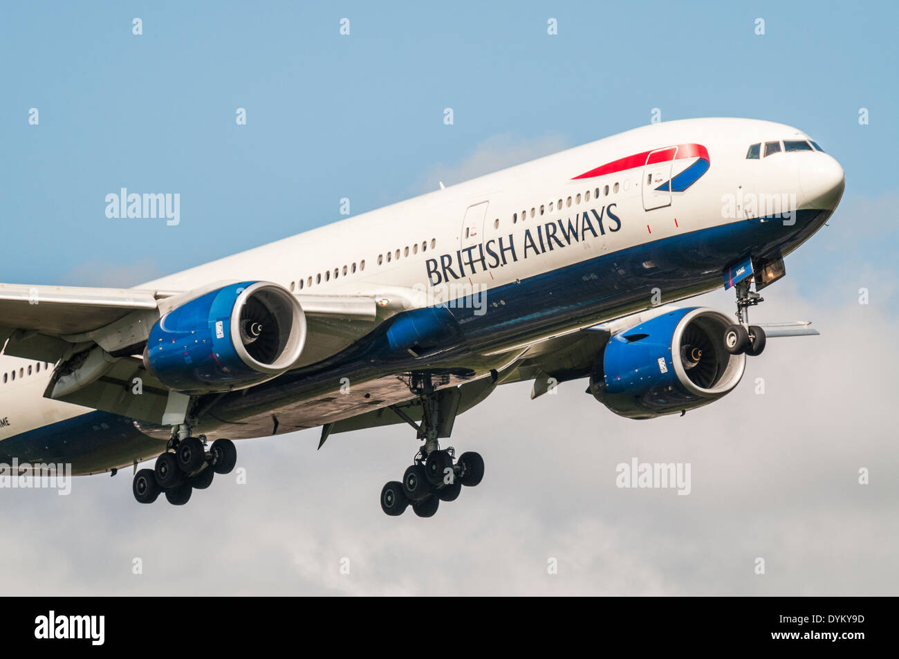 Front of a British Airways Boeing 777 plane on approach to land with ...