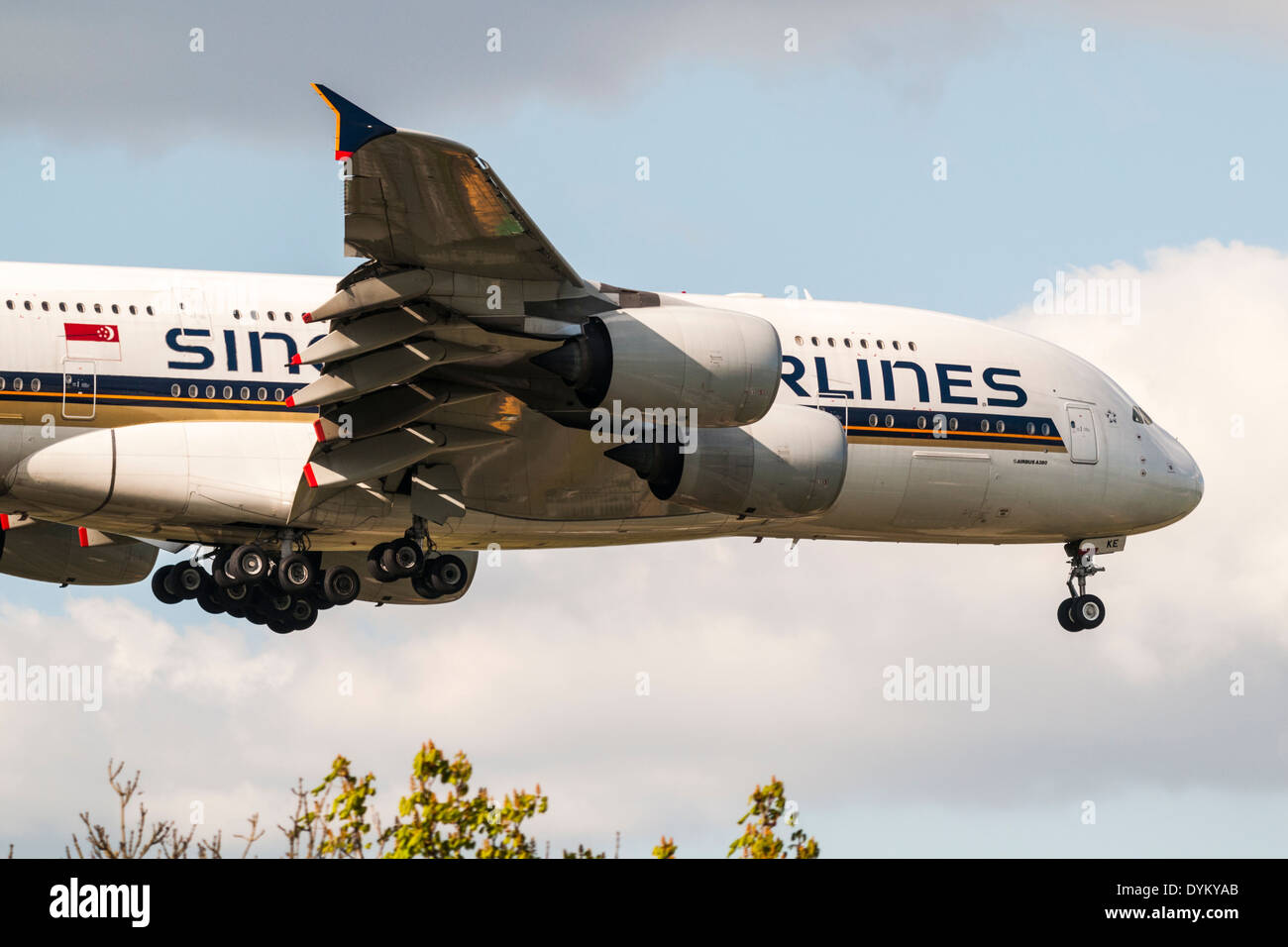 Side view of a Singapore Airlines Airbus A380 plane on approach to land ...