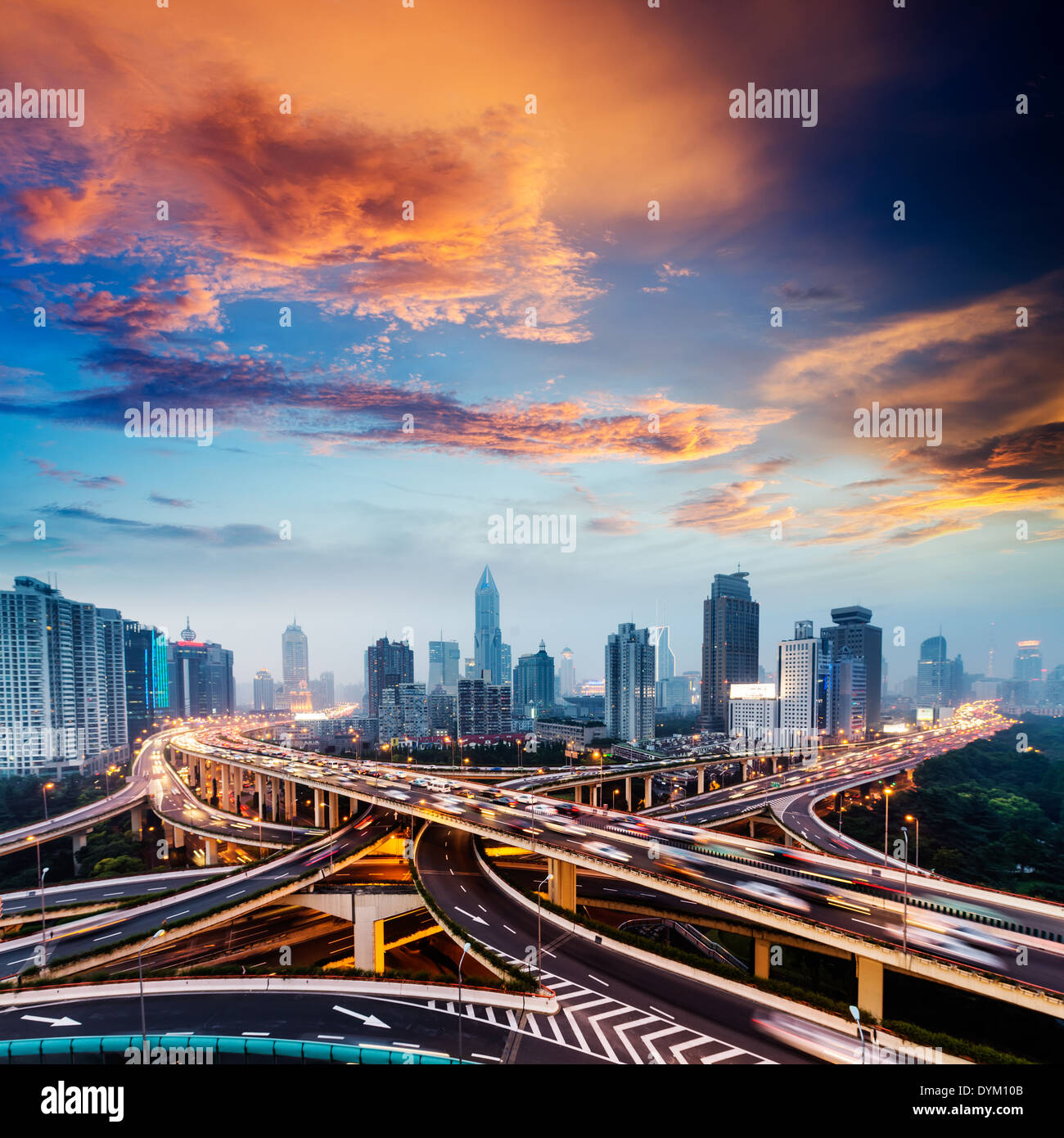 beautiful city interchange overpass at nightfall in shanghai Stock ...