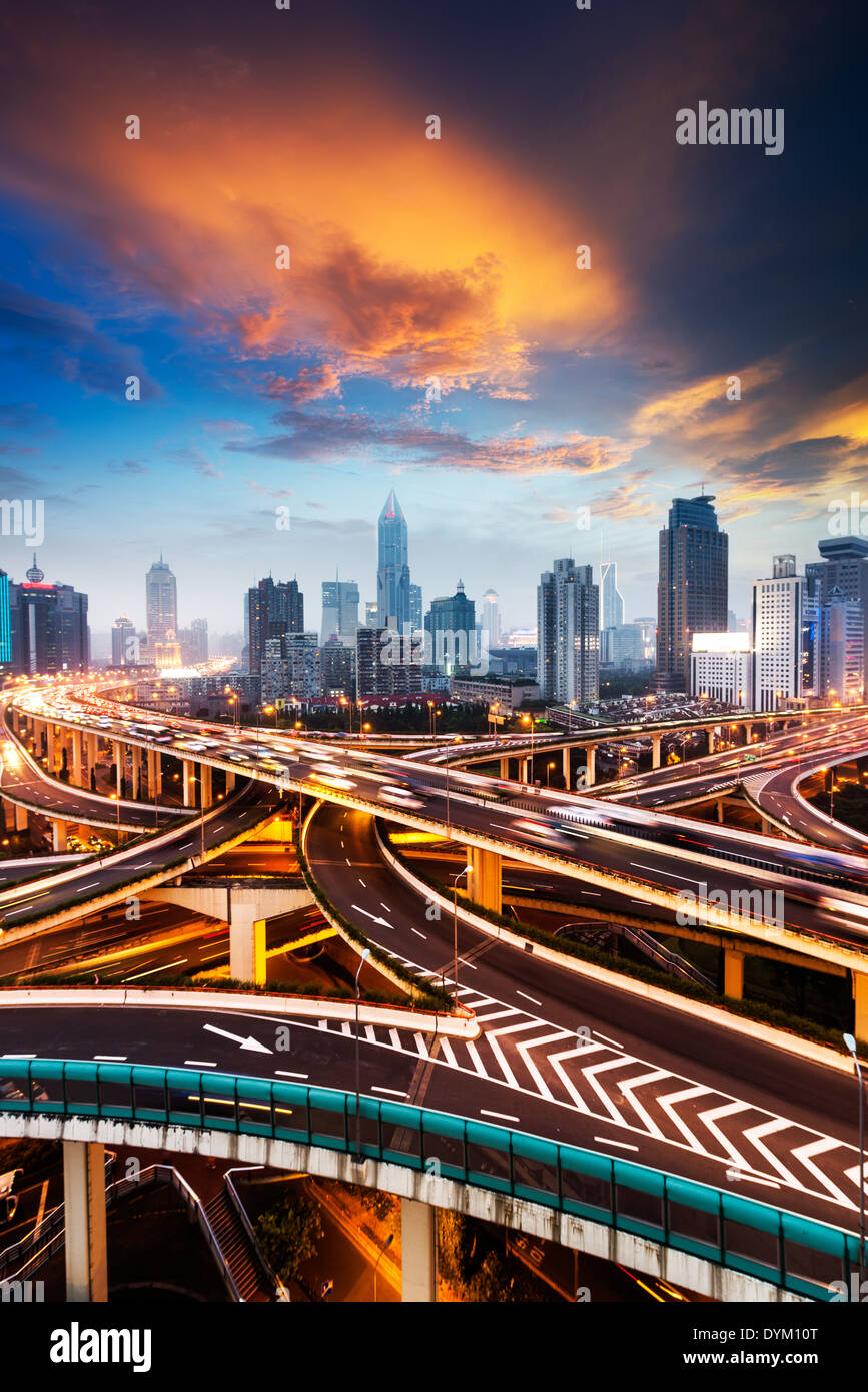 beautiful city interchange overpass at nightfall in shanghai Stock ...