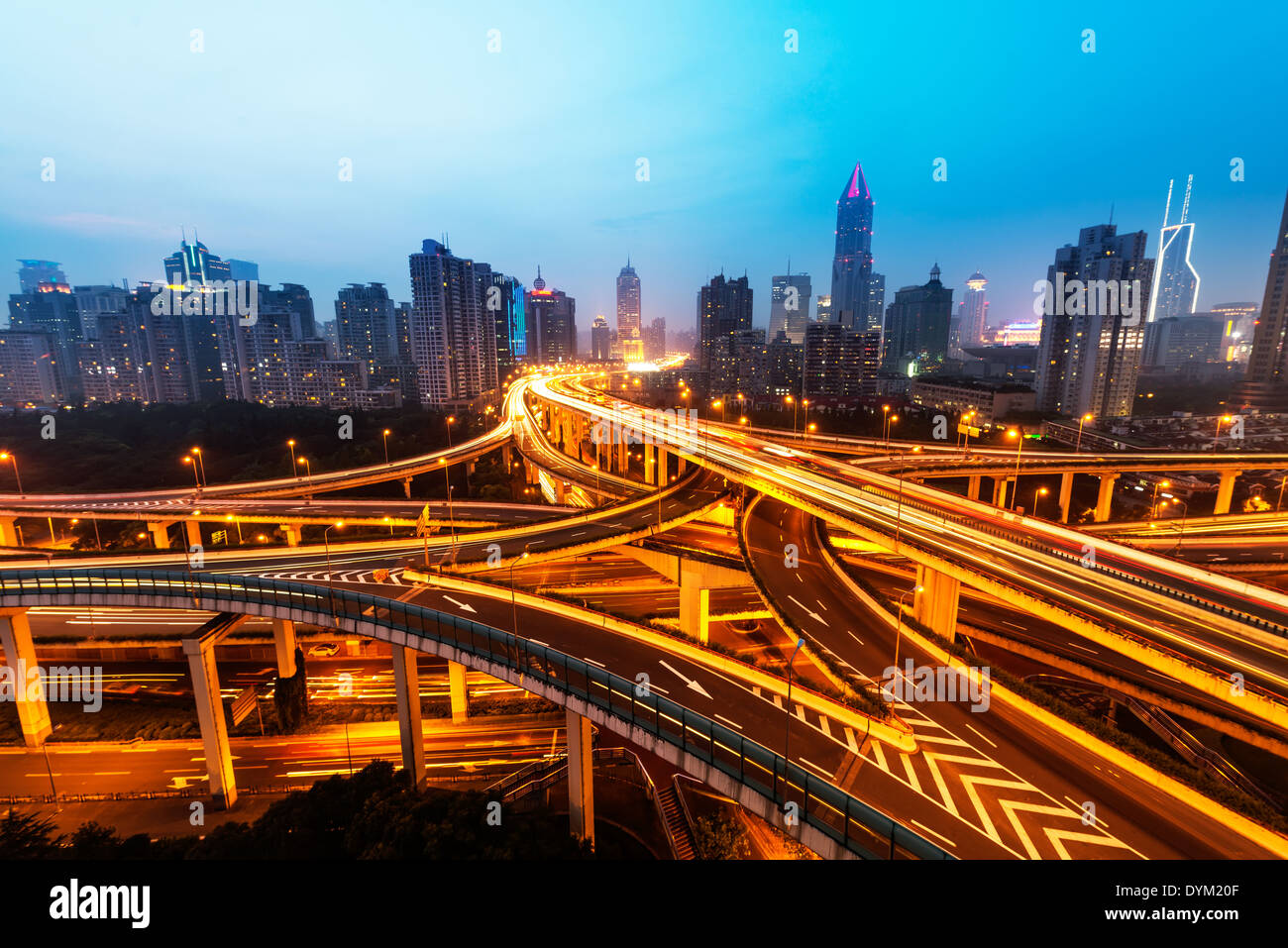 beautiful city interchange overpass at nightfall in shanghai Stock ...