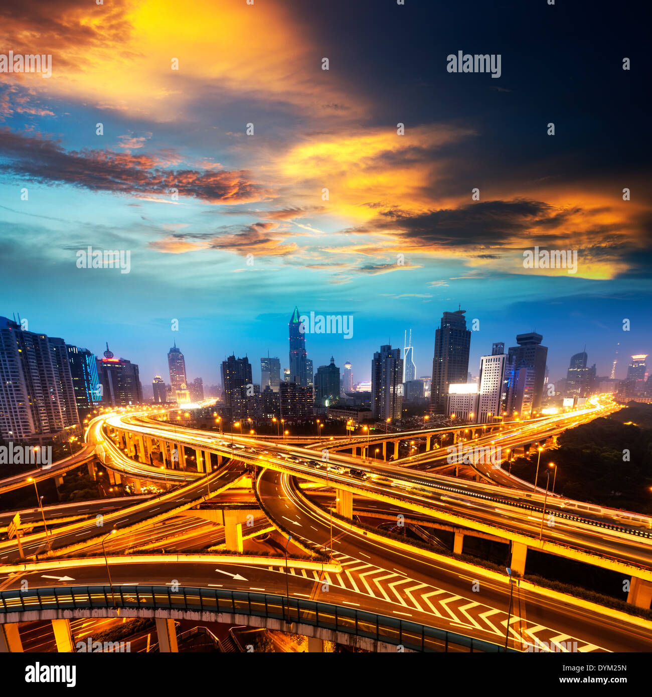 beautiful city interchange overpass at nightfall in shanghai Stock ...