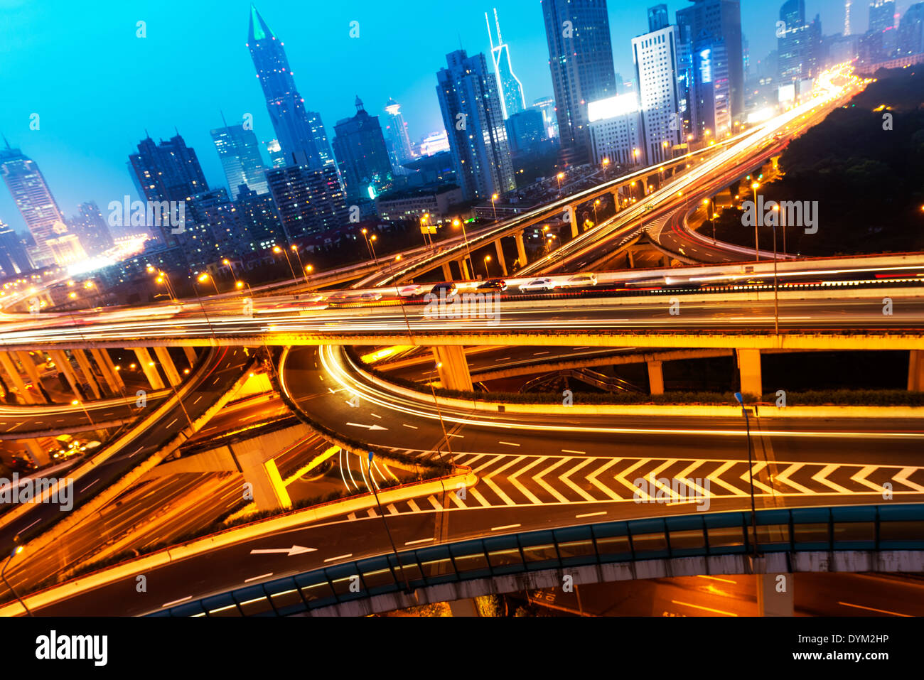 beautiful city interchange overpass at nightfall in shanghai Stock ...