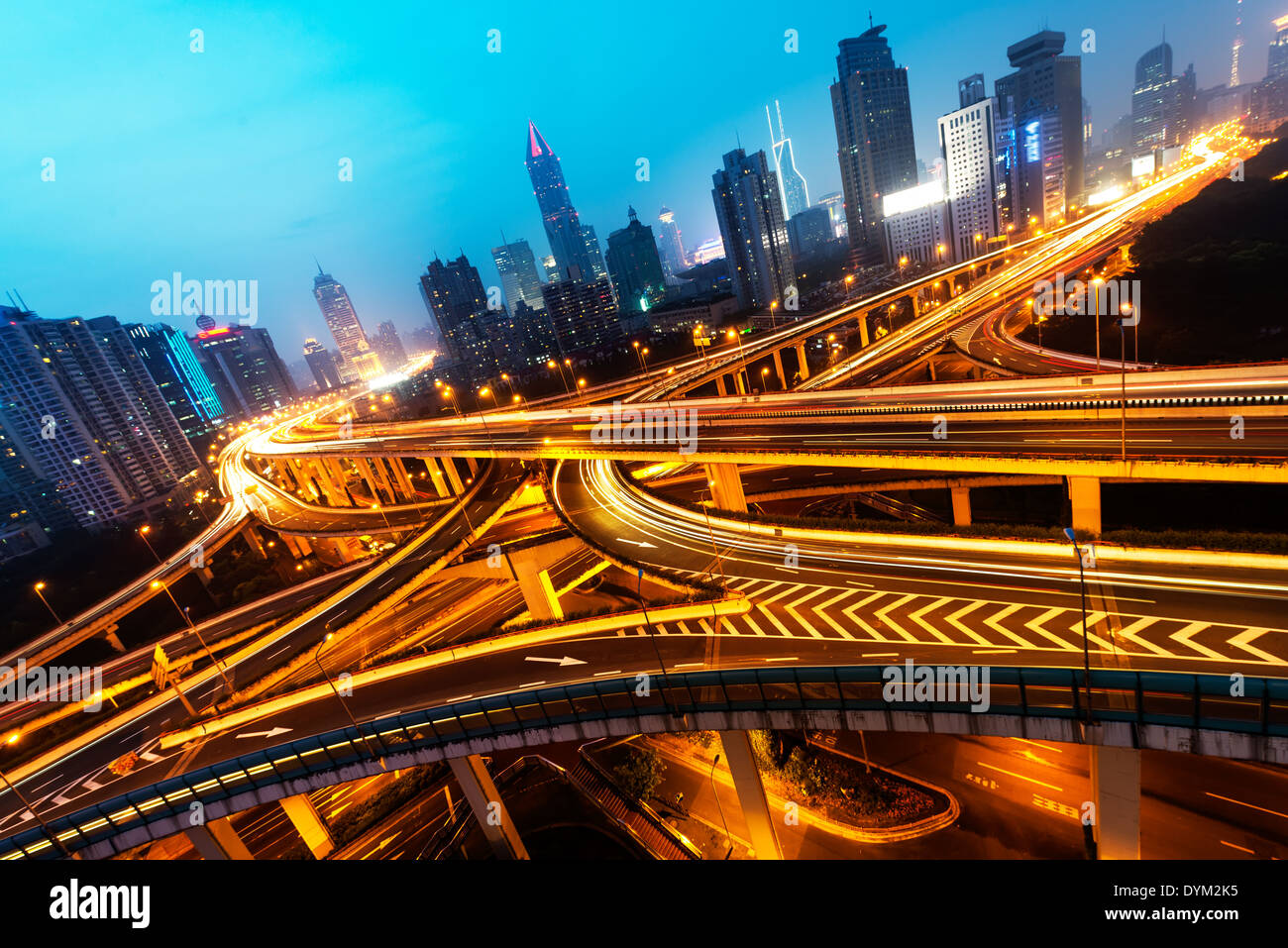 beautiful city interchange overpass at nightfall in shanghai Stock ...