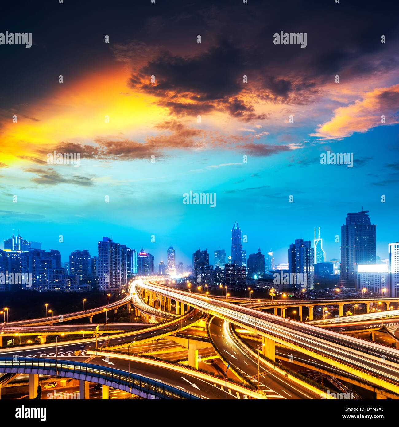 beautiful city interchange overpass at nightfall in shanghai Stock ...