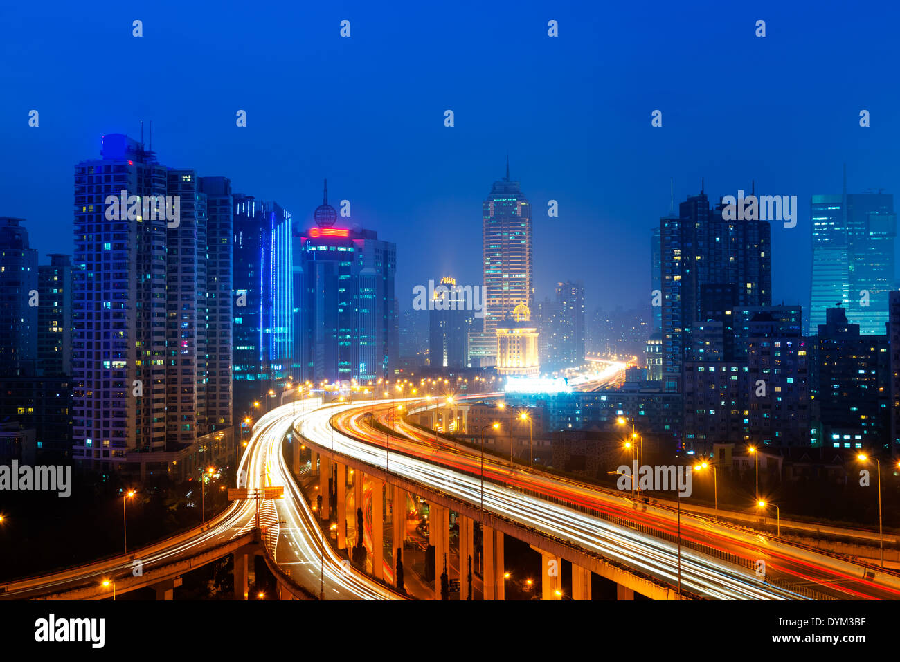 beautiful city interchange overpass at nightfall in shanghai Stock ...