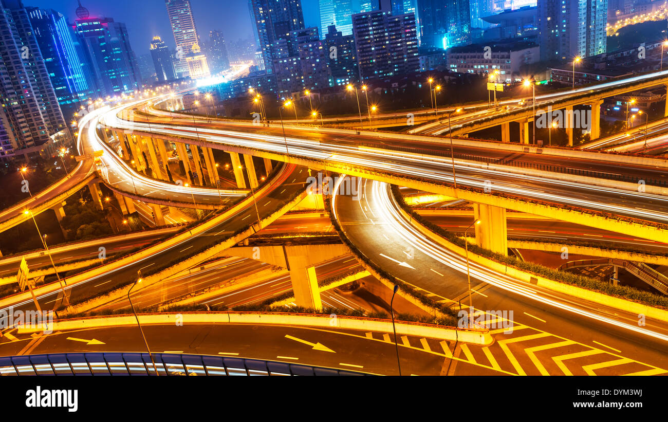 beautiful city interchange overpass at nightfall in shanghai Stock ...