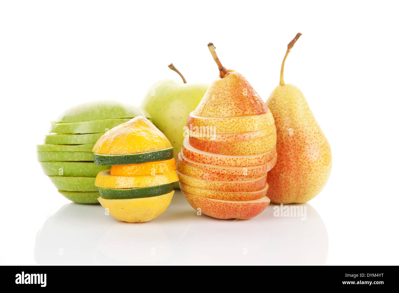 Fresh apples, pears, lime and lemon isolated on white background. Fresh ...