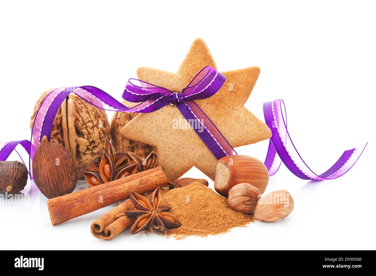 Gingerbread star cookie with hazelnut, cinnamon and purple ribbon ...
