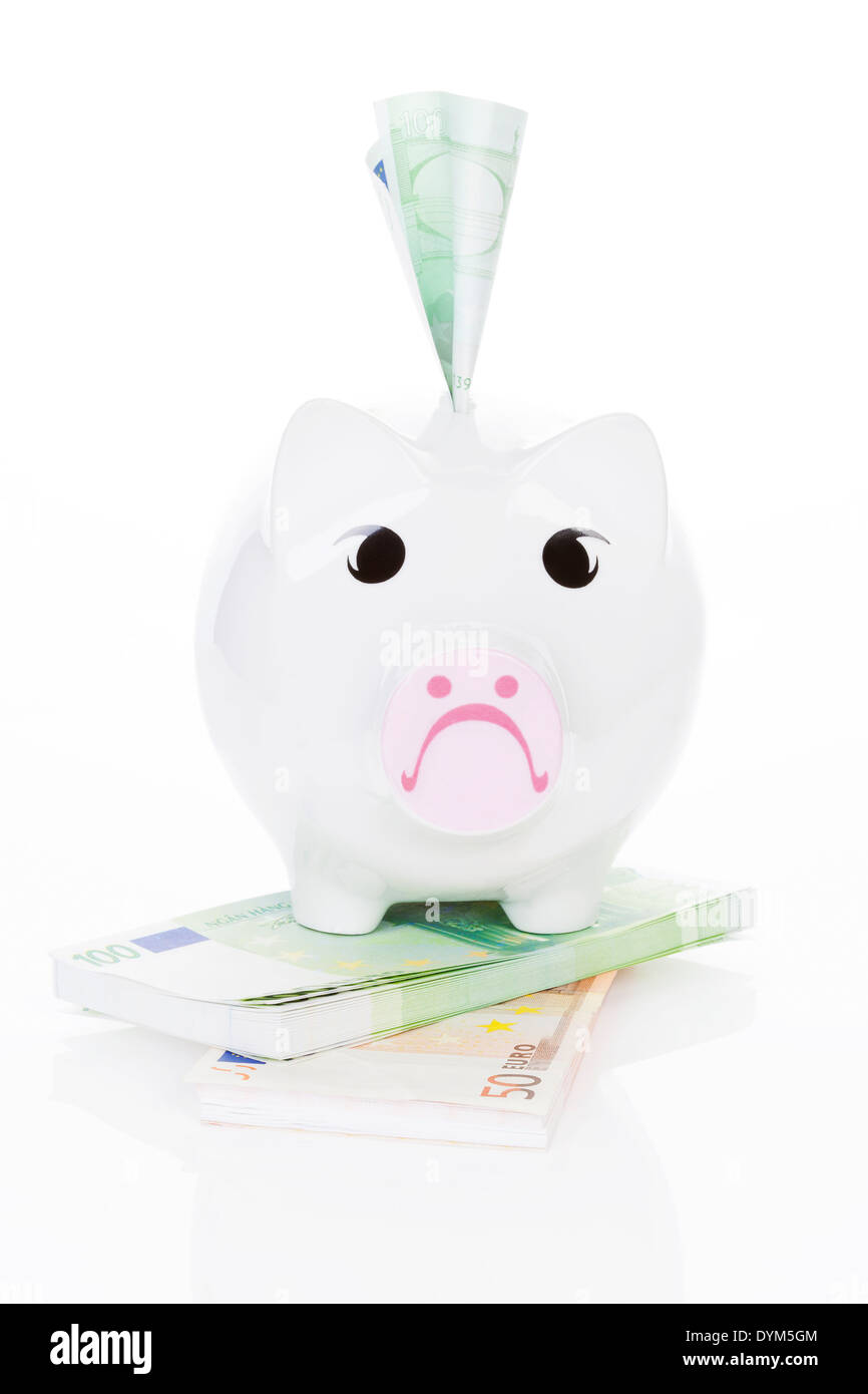 Sad piggy bank with tons of cash isolated on white background. Money ...