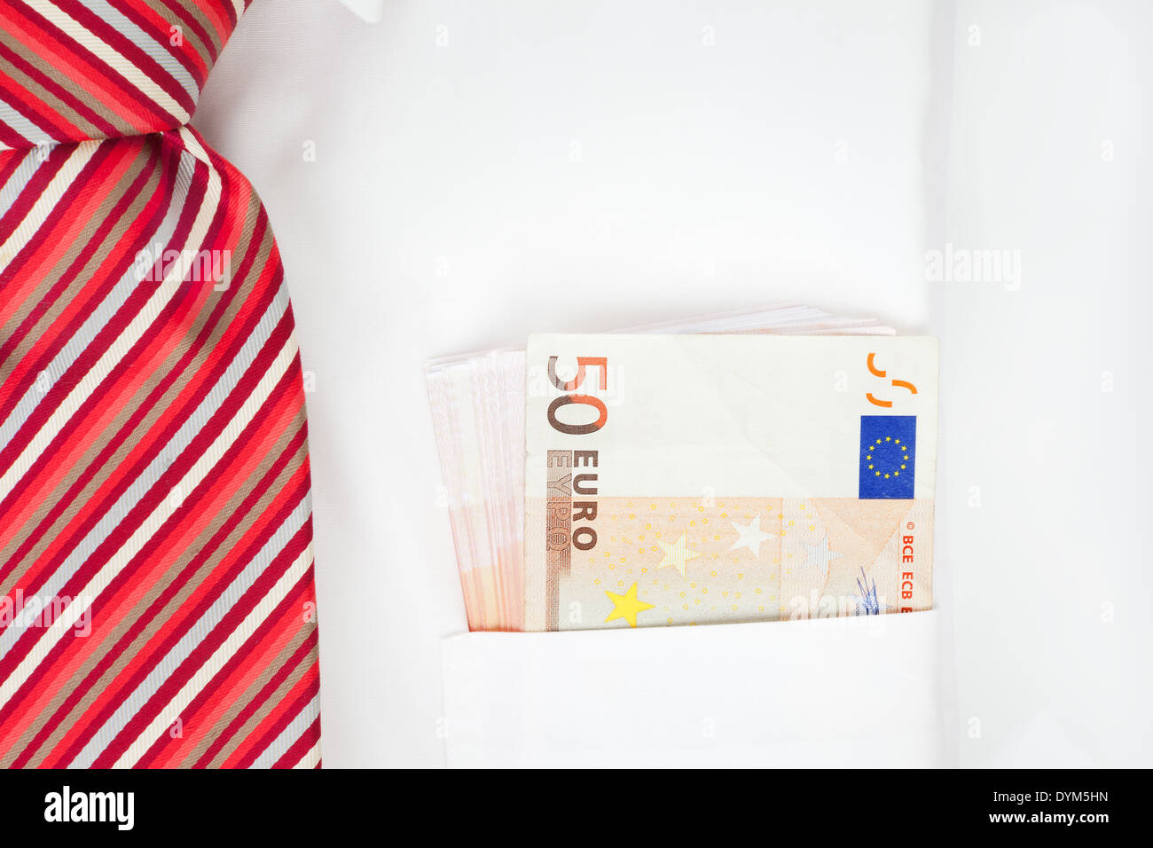Fifty euro banknotes in pocket of a businessman with red tie close up ...