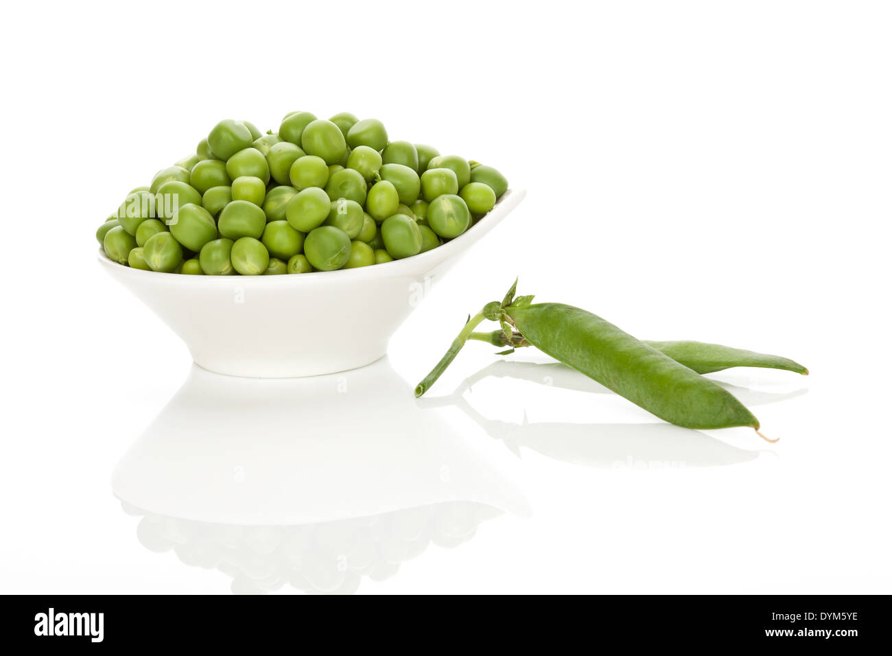 Green ripe peas in white round bowl isolated. Fresh pea pod next to ...