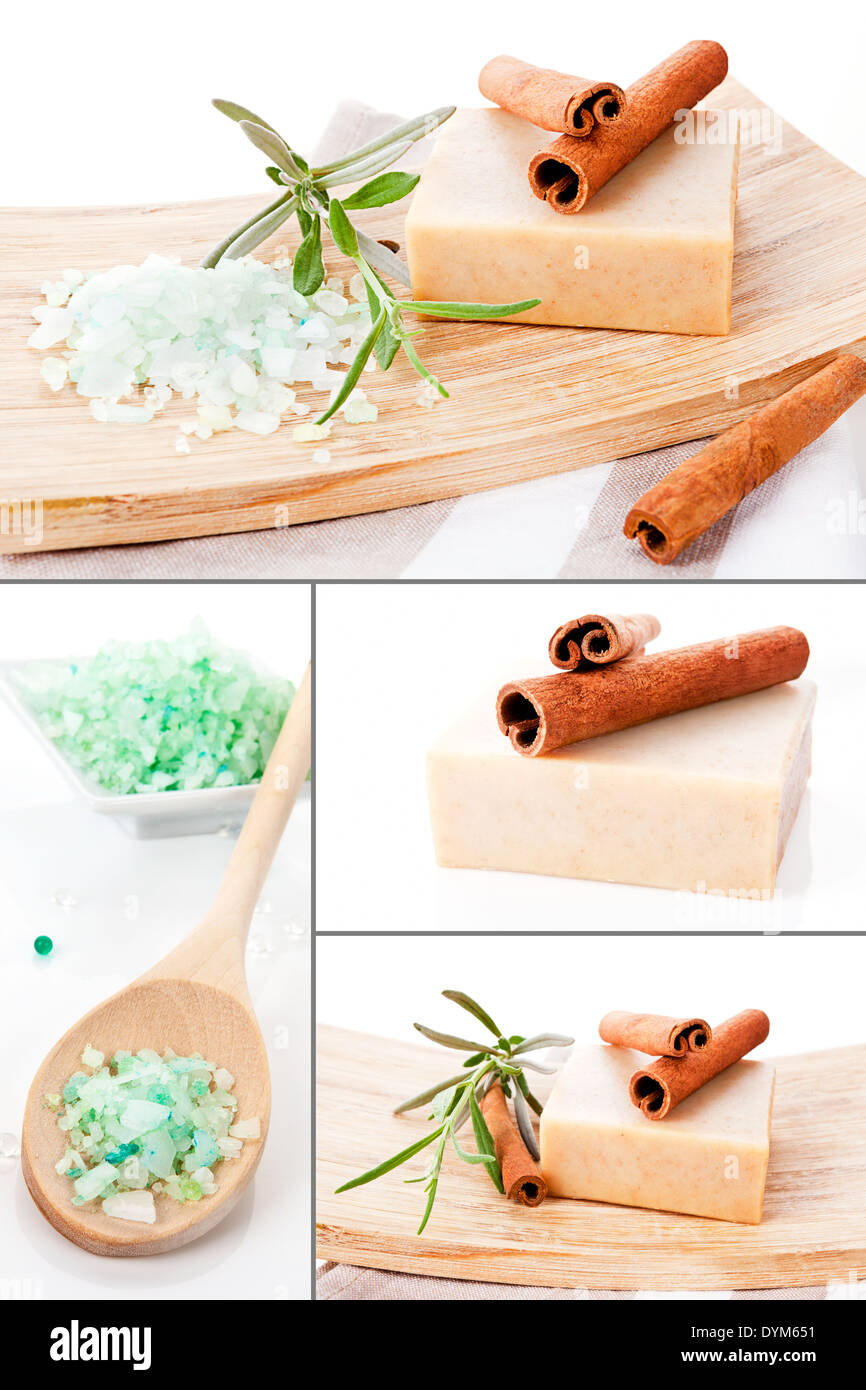 Wellness collage. Natural body care products, bath salt, soap bar with ...