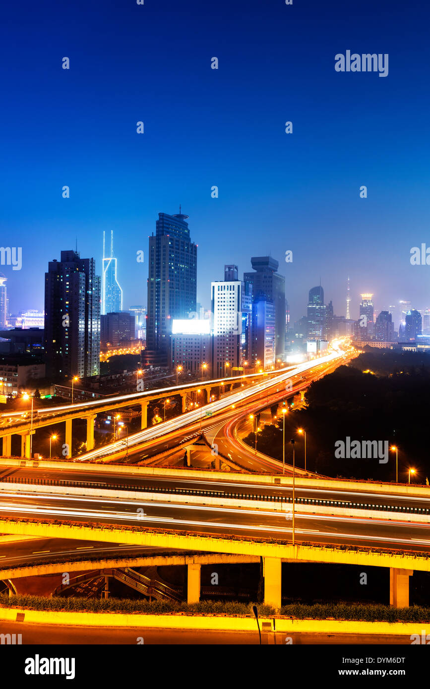 beautiful city interchange overpass at nightfall in shanghai Stock ...