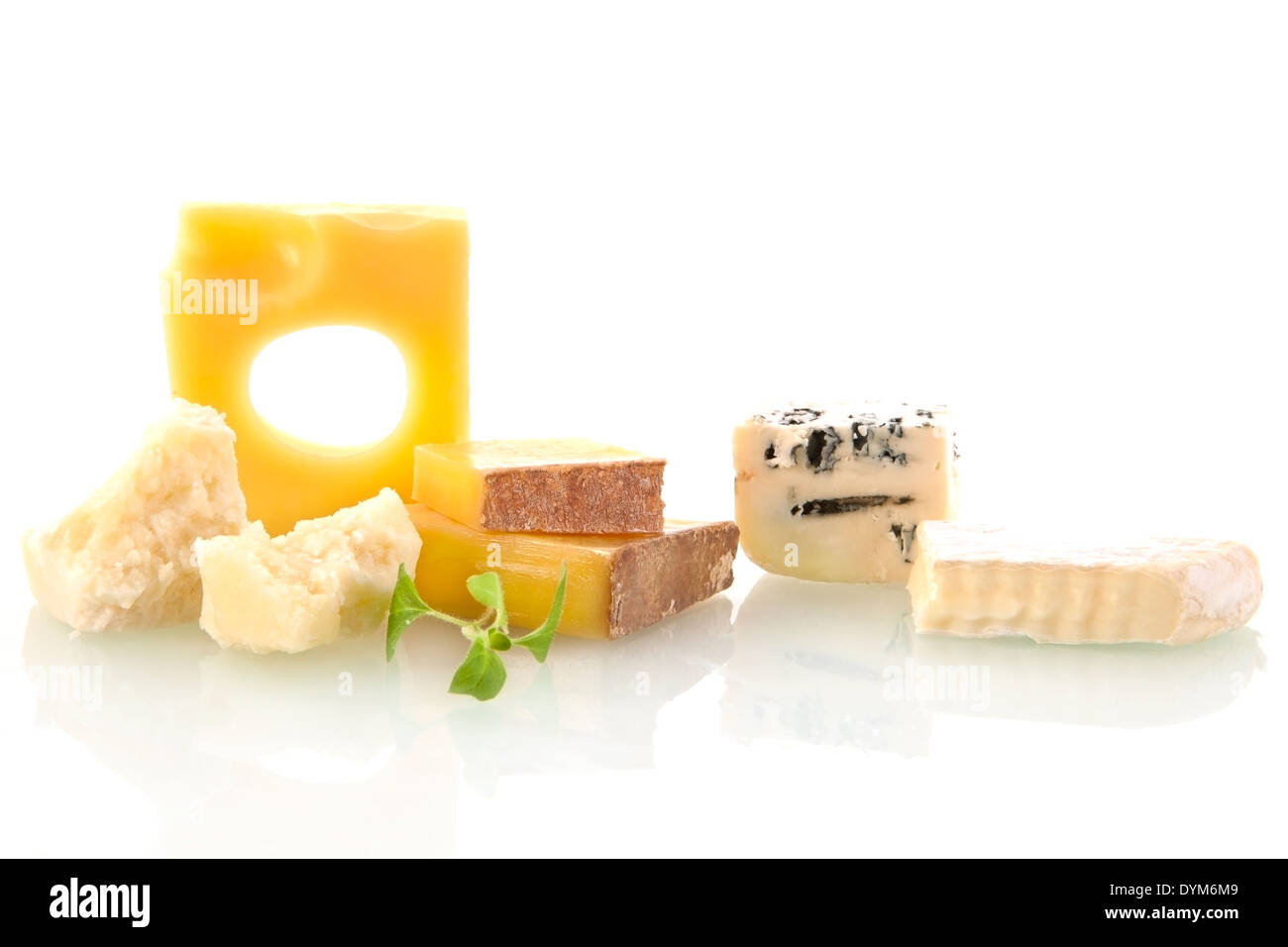 Cheese variation on white background. Emmentaler, parmesan pieces and ...