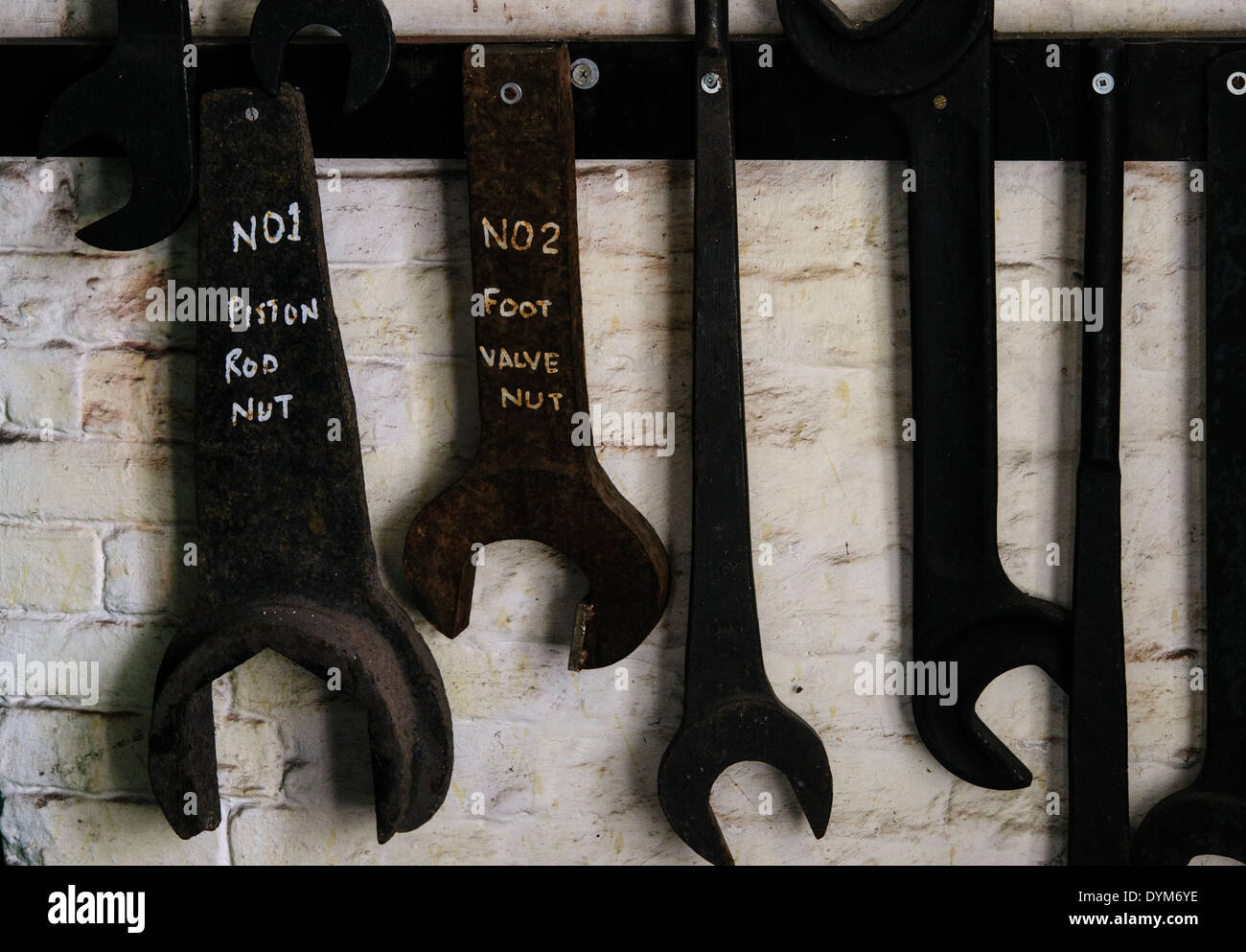 Spanners hanging on a wall, labelled no. 1 and no. 2 Stock Photo - Alamy