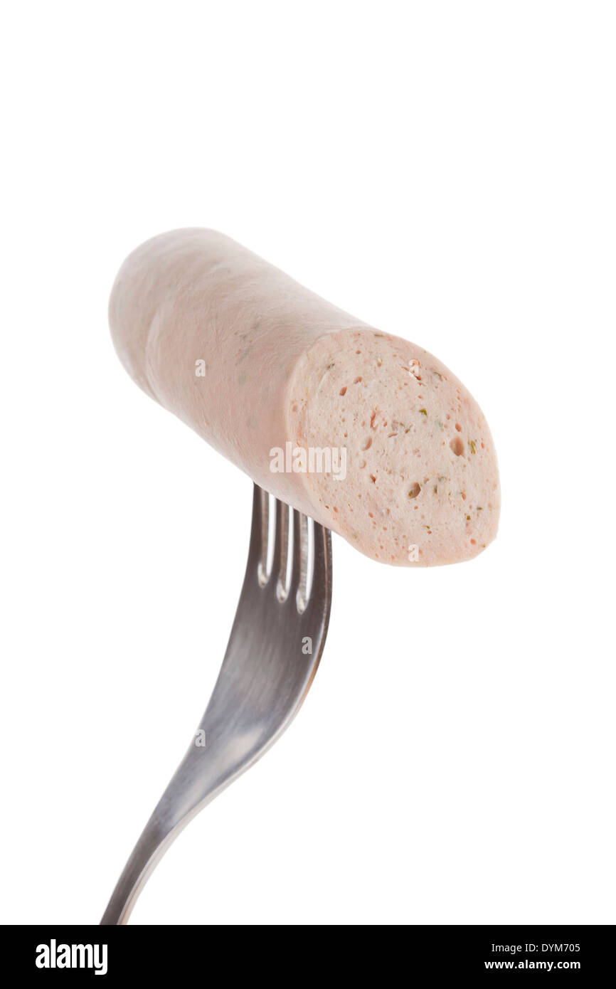 White bratwurst sausage on fork isolated on white background. Bbq ...