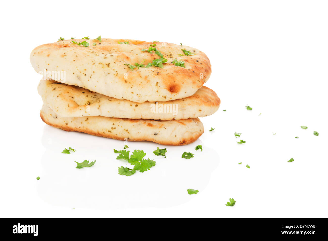 Garlic and coriander naan bread with fresh herbs and garlic isolated on ...