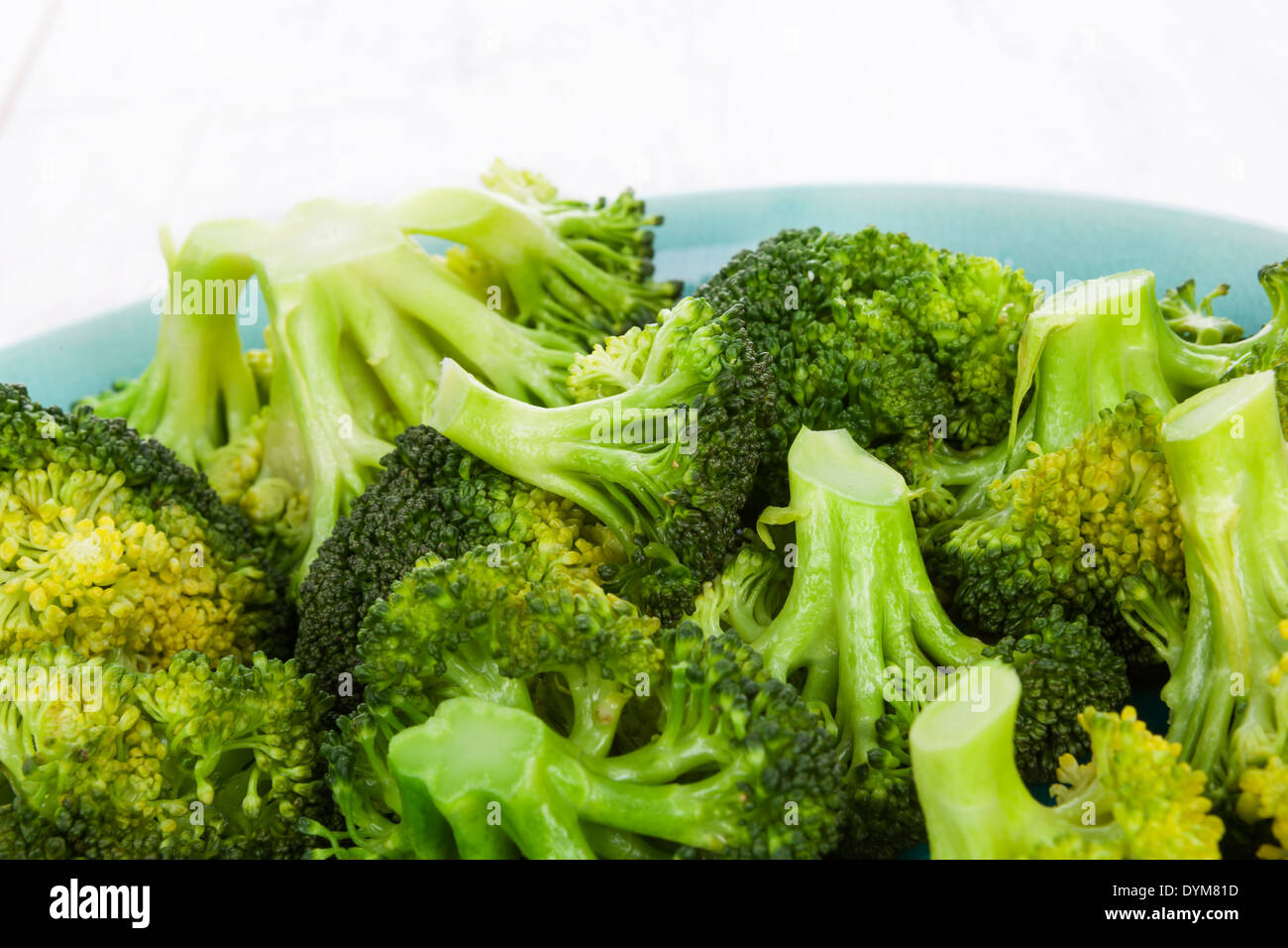 Steamed broccoli close up on plate on white background. Culinary ...