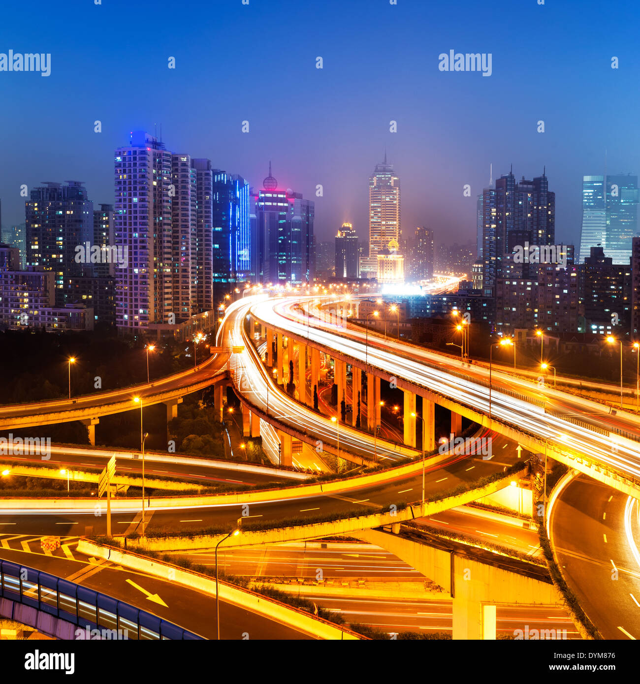 beautiful city interchange overpass at nightfall in shanghai Stock ...