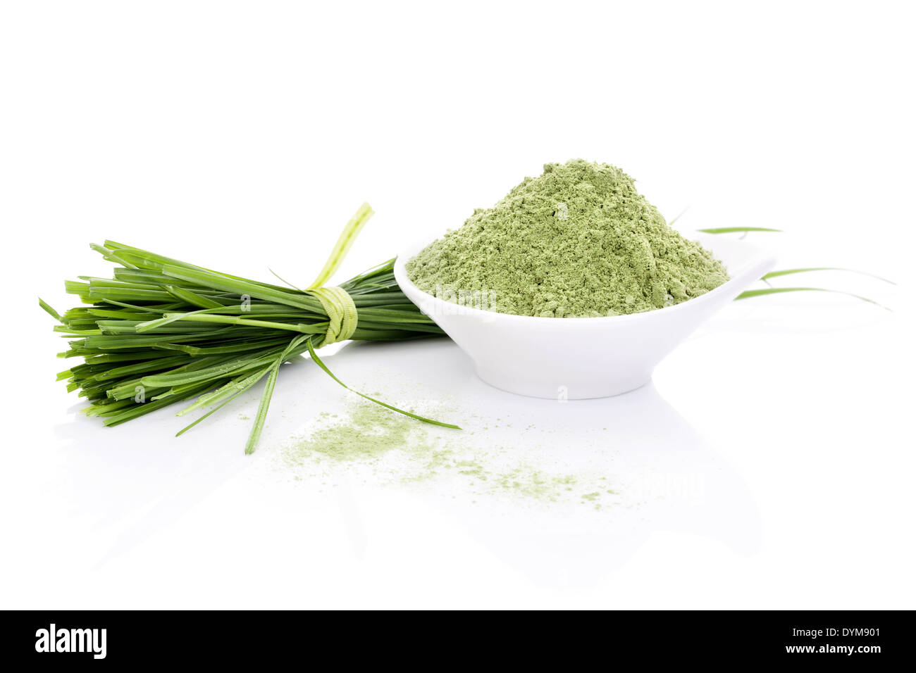 Barley Grass and Wheatgrass. Blades and powder isolated on white ...