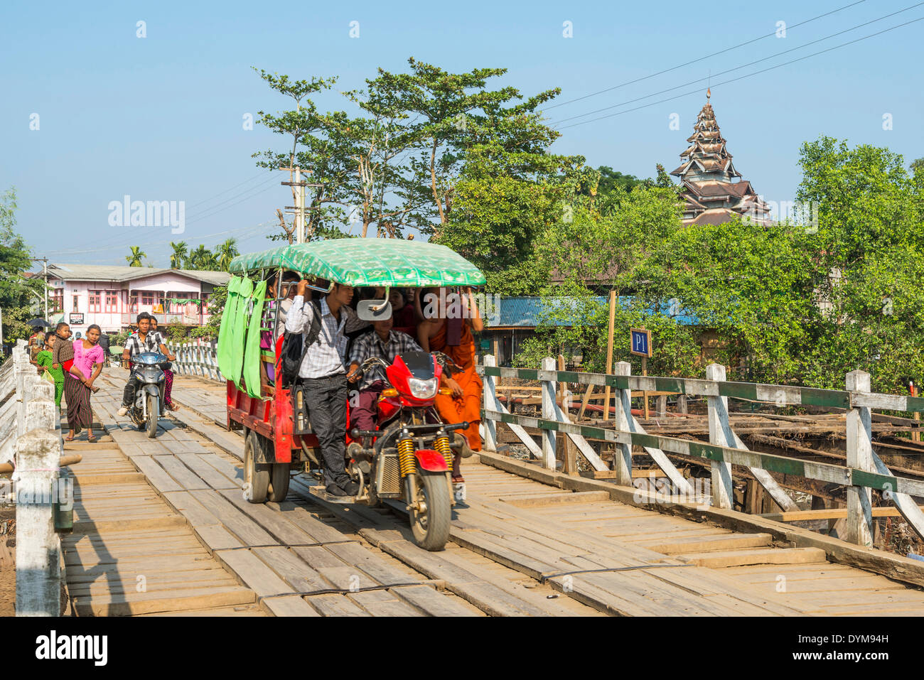 Three-wheeled tuk tuk on a bridge, Mrauk U, Sittwe District, Rakhine ...