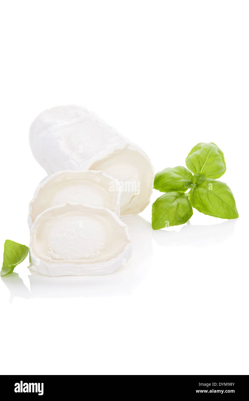 Luxurious goat cheese with basil herbs isolated on white background ...