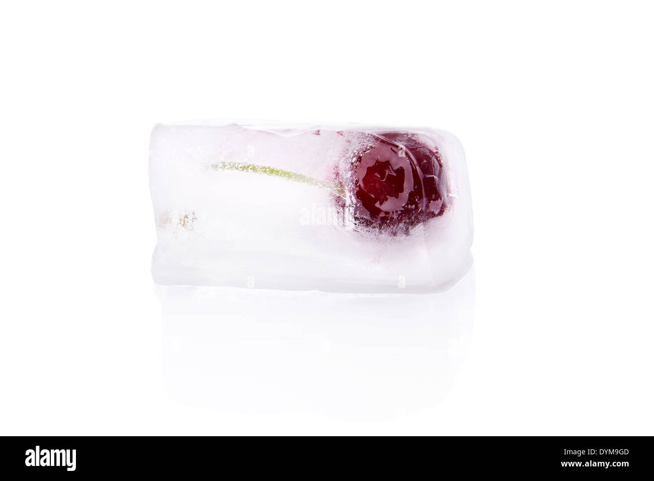 Single cherry frozen in ice isolated on white background with ...
