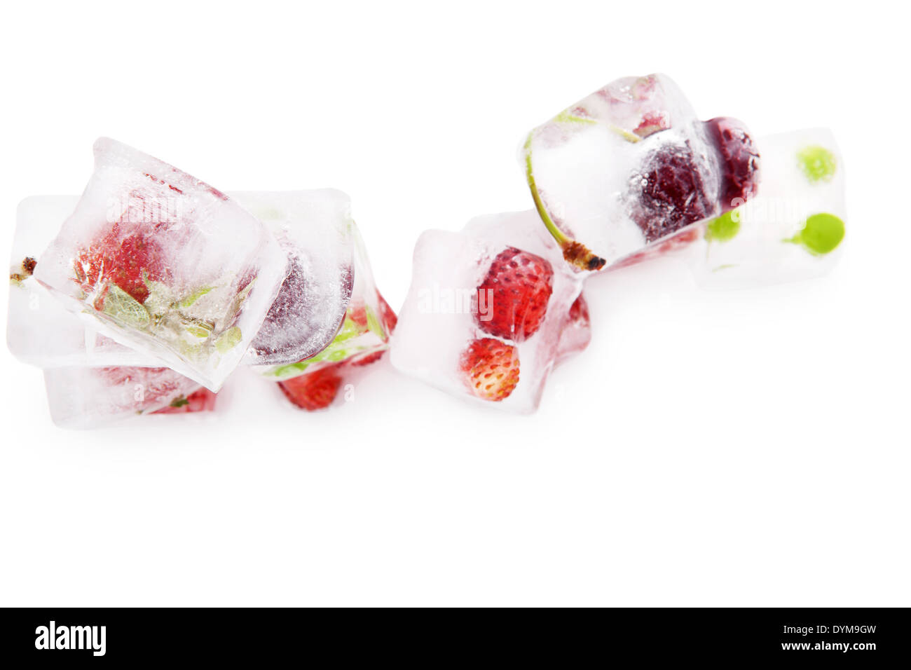 Fruit frozen in ice cubes isolated on white background, top view ...