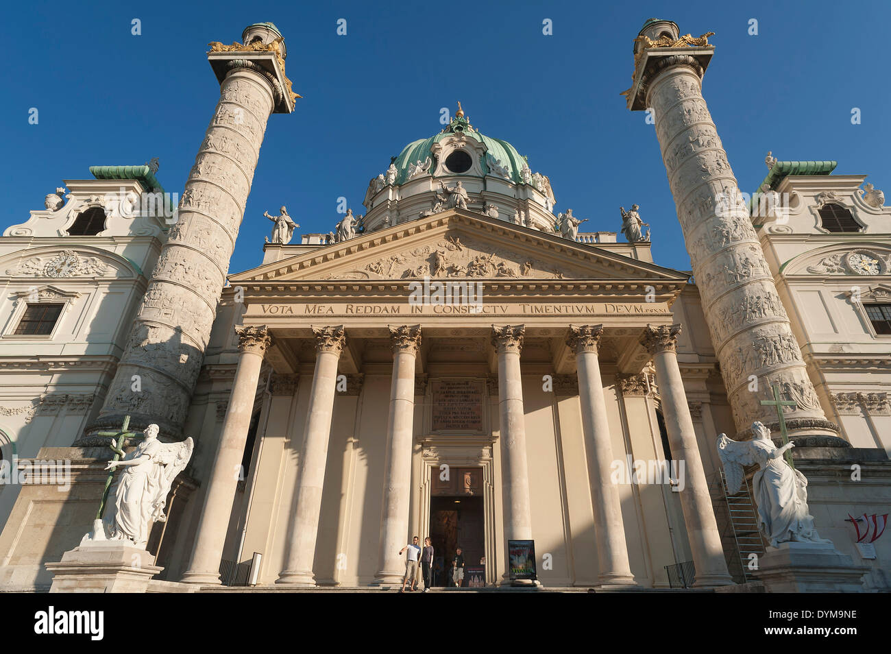 Baroque Karlskirche church, inaugurated in 1739, the columns show in a ...