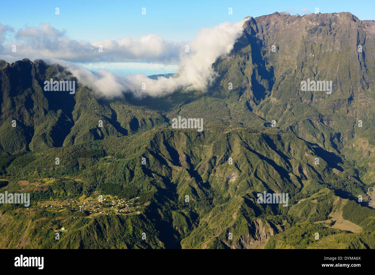 Aerial view of the village of La Nouvelle in Mafate, Cirque de Mafate ...