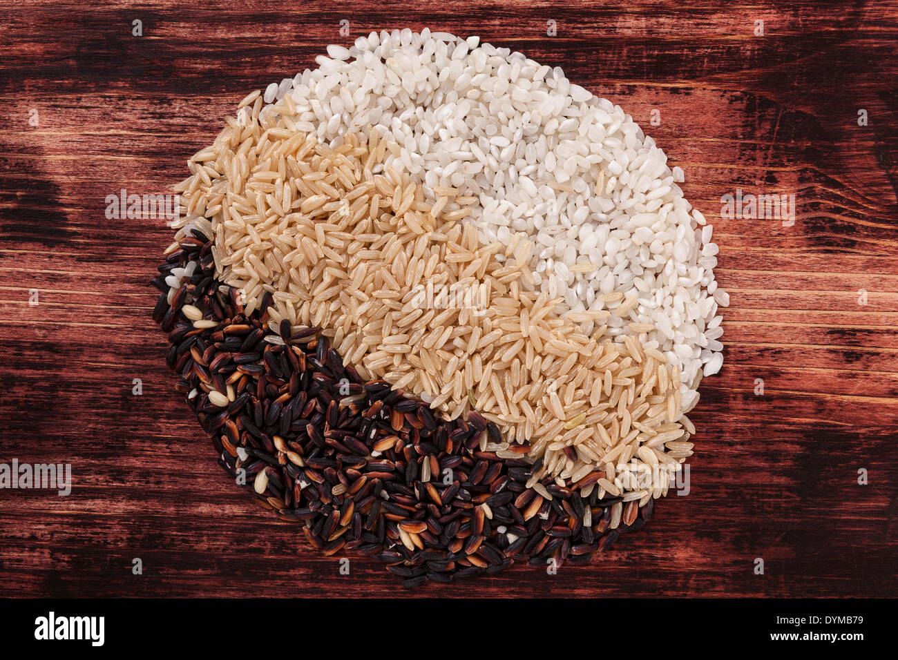 Different kinds of raw rice in circle shape on dark wooden background ...