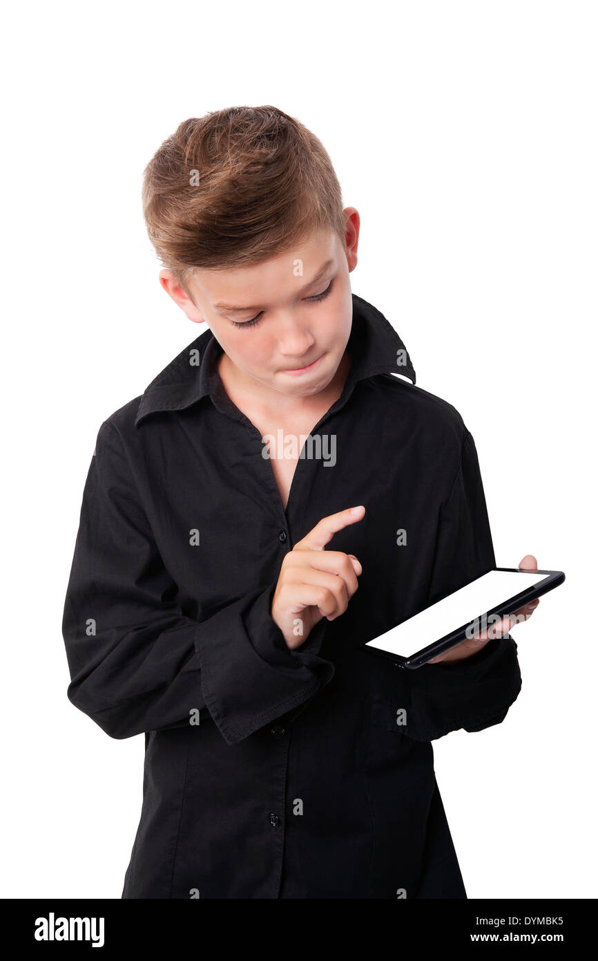 Charming boy using tablet isolated on white background. Modern ...