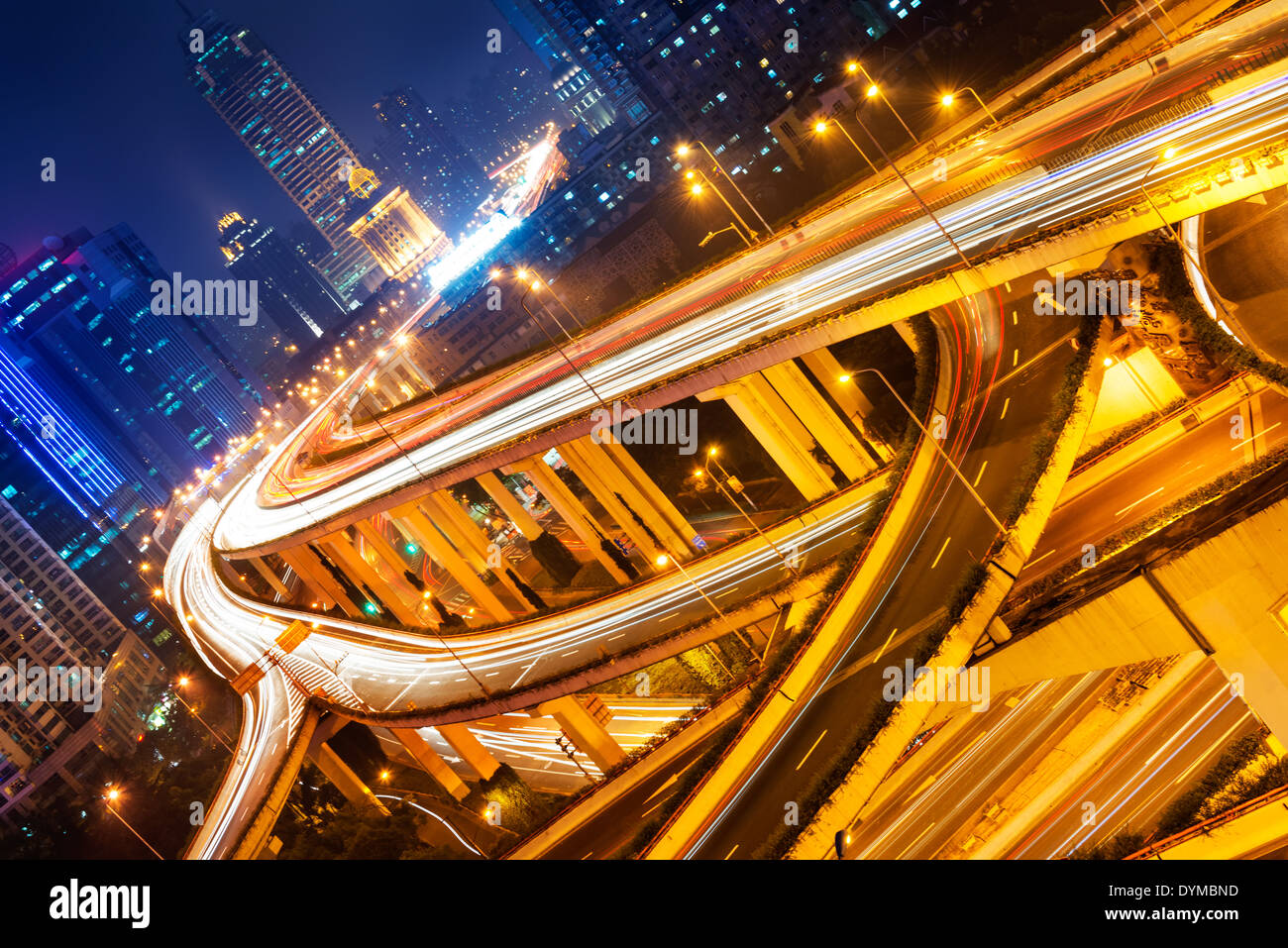 beautiful city interchange overpass at nightfall in shanghai Stock ...