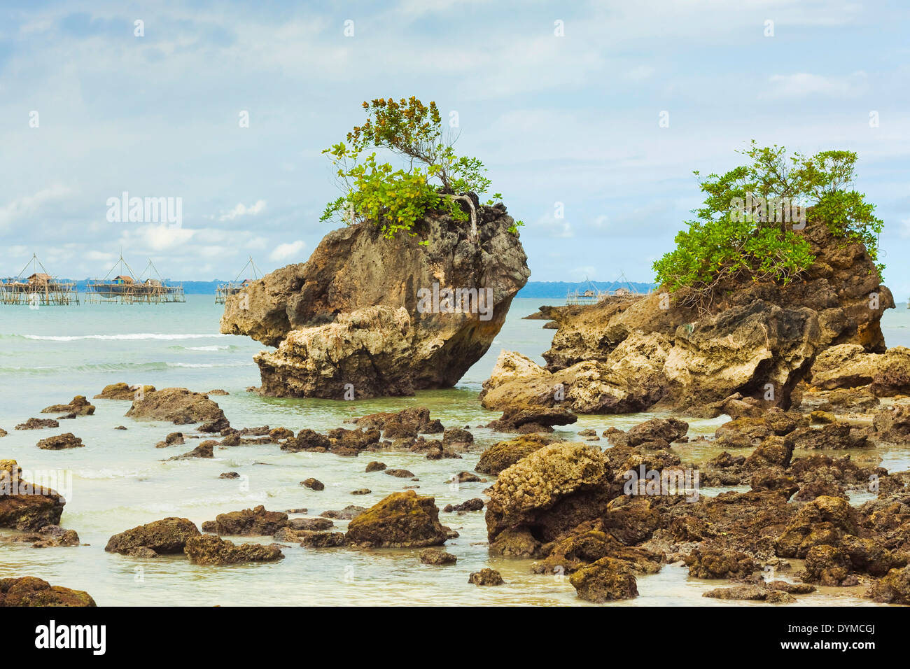 Eroded rock sea stacks on east side of the isthmus at this south coast ...