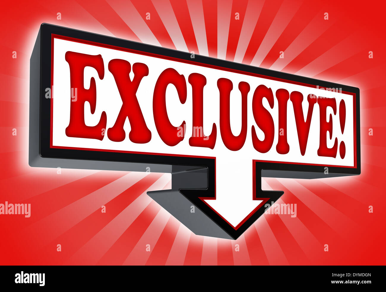 exclusive sign with arrow down red and black on red striped background ...