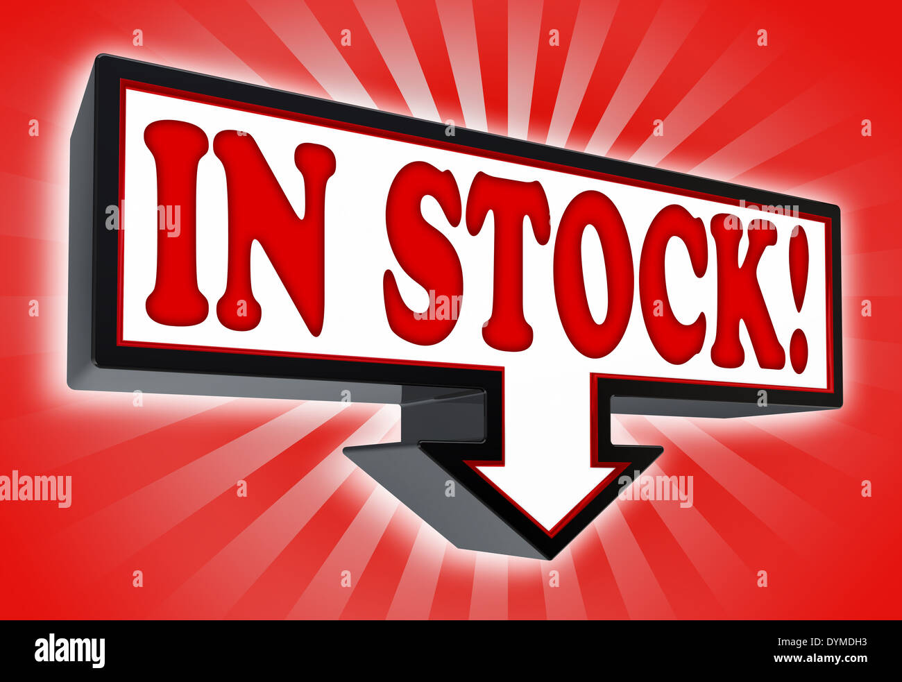 in stock sign with arrow down red and black on red striped background ...