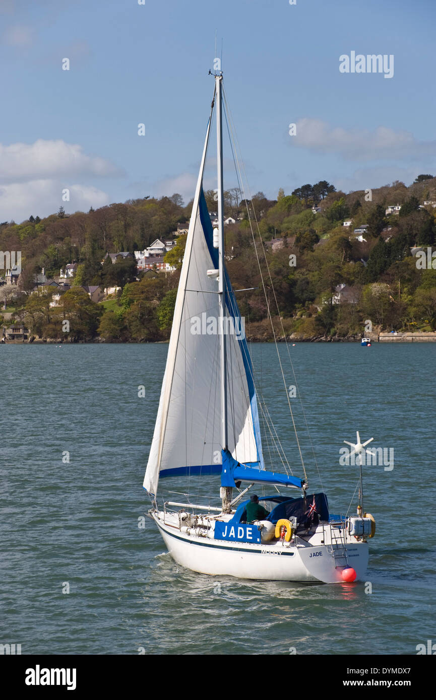 Yacht sailing on Menai Strait between Anglesey & Bangor North Wales UK ...