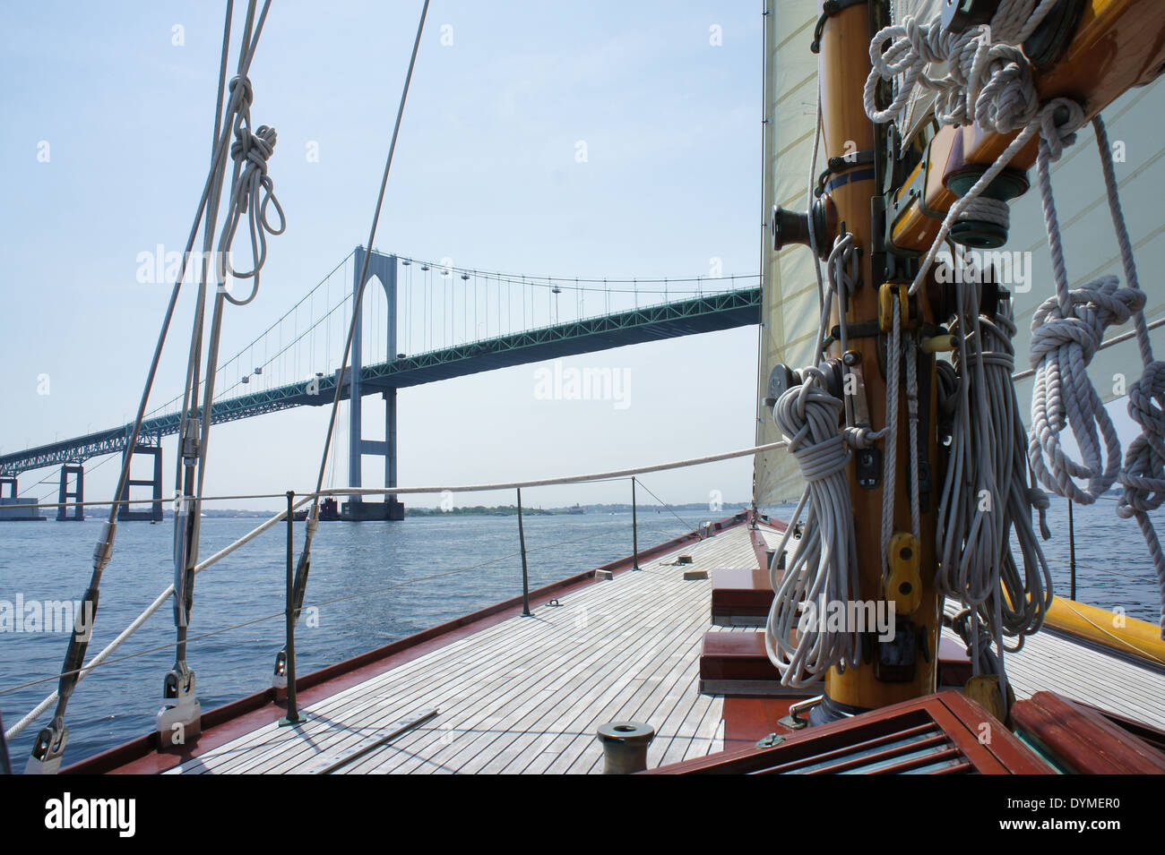 Newport Bridge as seen from a sailboat sailing in Narragansett Bay ...