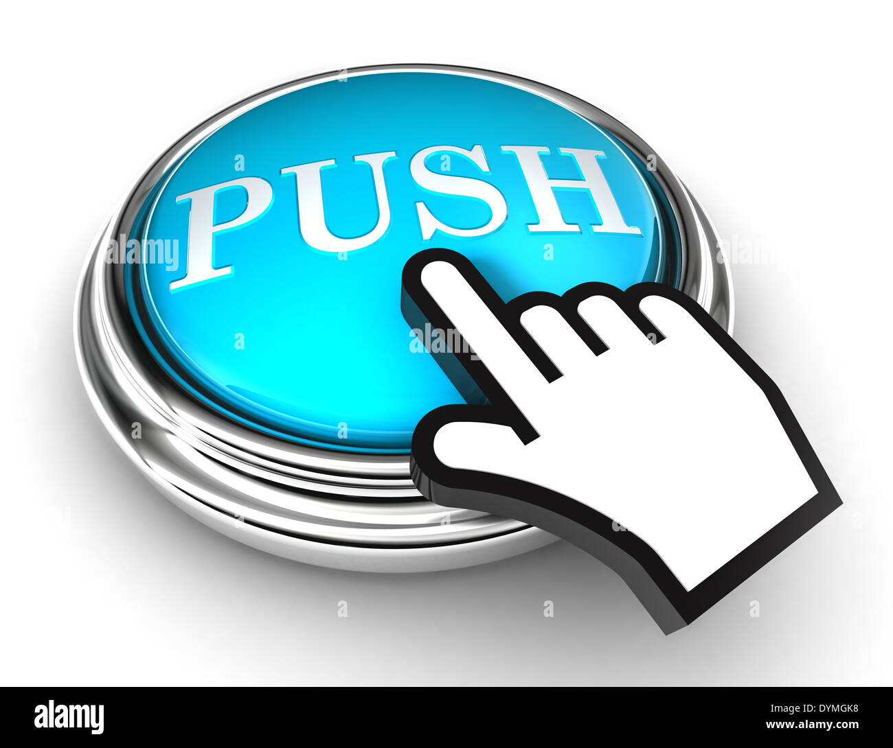 push blue button and cursor hand on white background. clipping paths ...