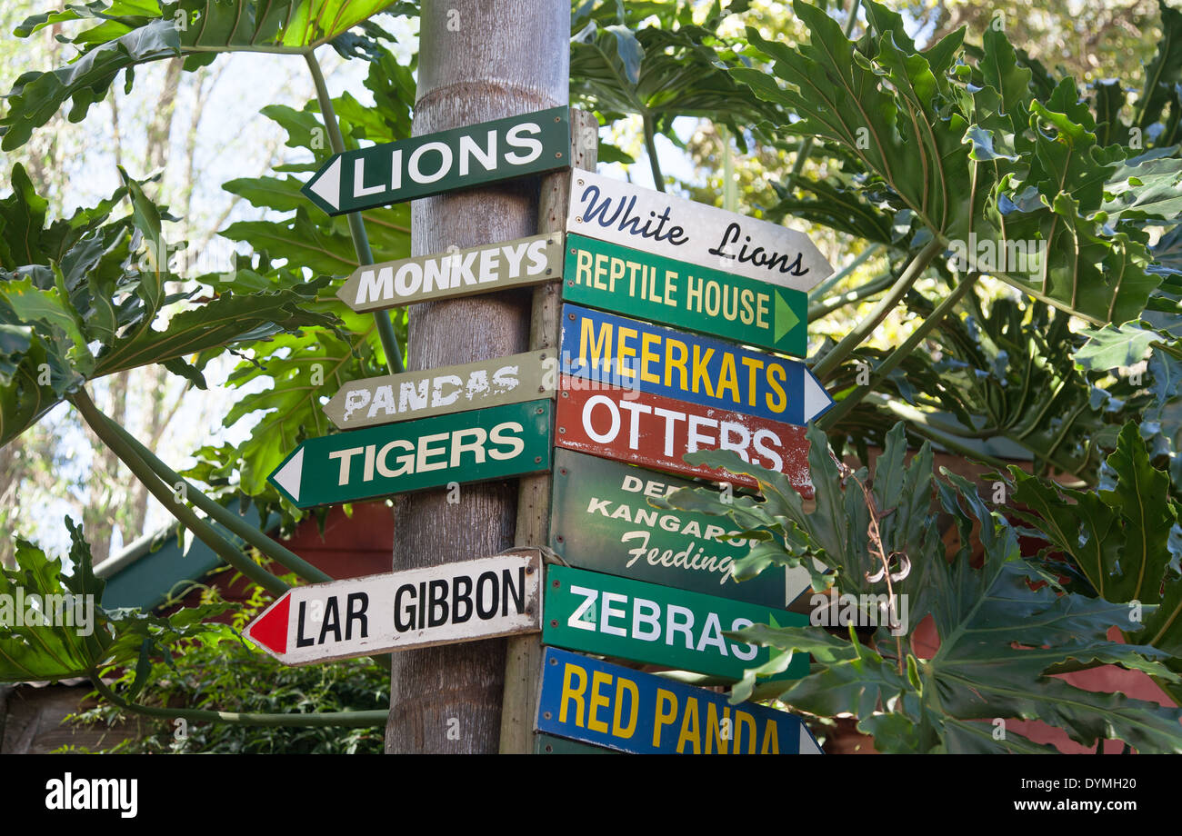 A signpost in a zoo showing many different exotic animal locations ...