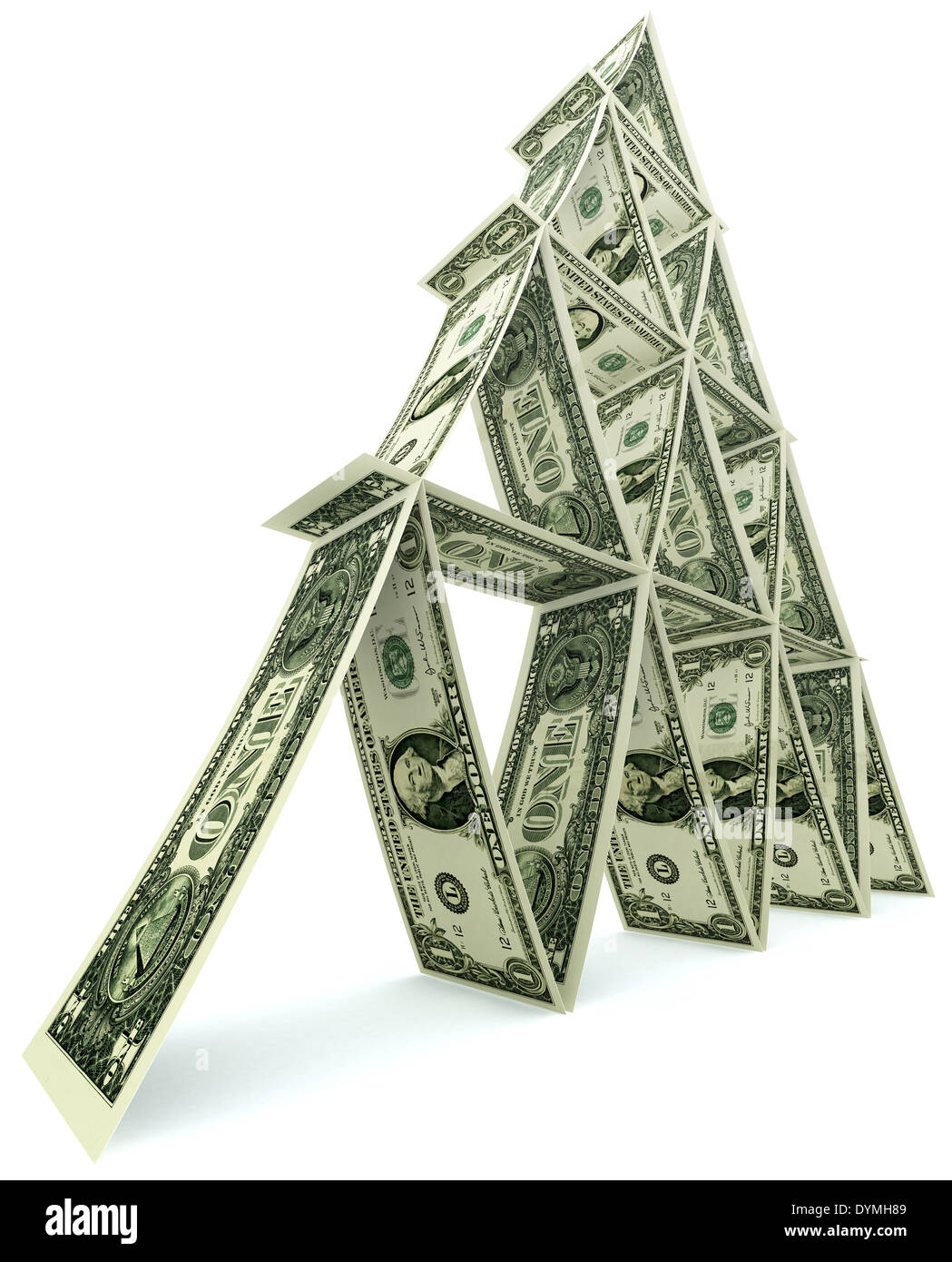 dollar tower of one dollar notes like card tower on white background ...