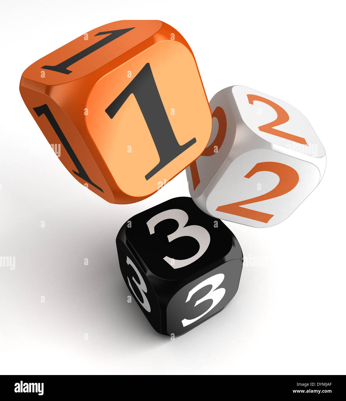 one, two and three numbers on orange black dice blocks on white ...