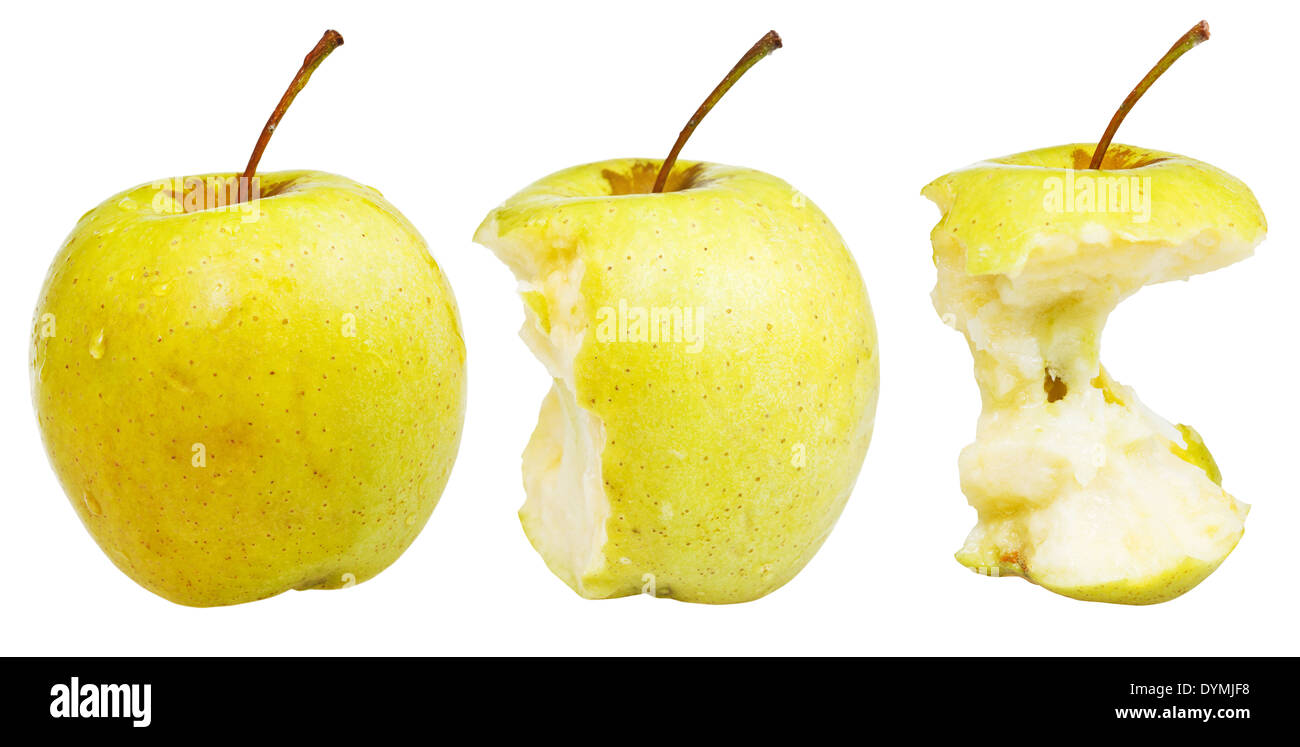 apple core and whole golden delicious apple isolated on white ...