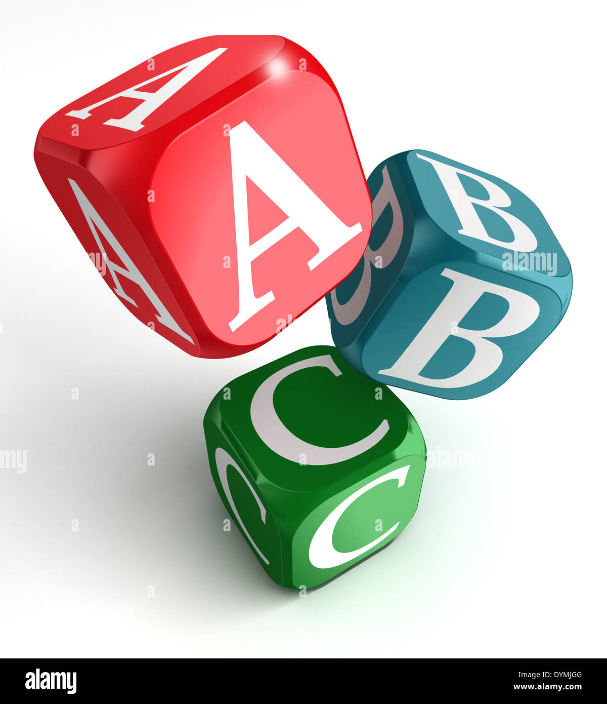 A,B and C on red, blue and green box on white background Stock Photo ...